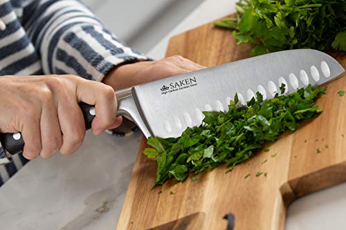 SAKEN Santoku Knife - 7-Inch Japanese Chef Knife with High-Carbon German Steel Blade, Granton Edge, and Ergonomic Handle - Multipurpose Kitchen Knife for Mincing, Slicing, and Dicing