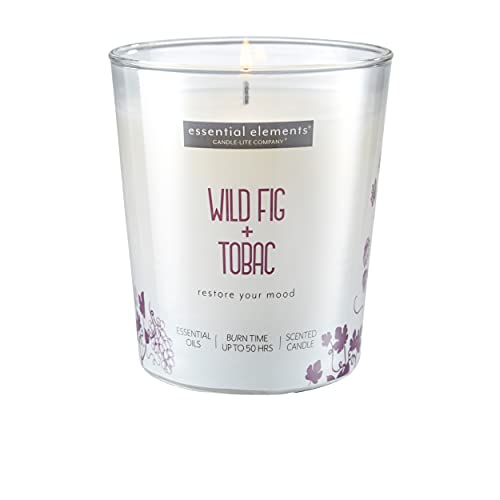 Essential Elements by Candle-lite Scented Candles Wild Fig & Tobac Fragrance, One 9 oz. Single-Wick Aromatherapy Candle with 50 Hours of Burn Time, Off-White Color