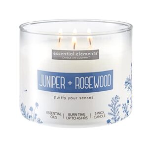 essential elements by candle-lite scented candles, juniper and rosewood fragrance, one 14.75 oz. three-wick aromatherapy candle with 45 hours of burn time, off-white color