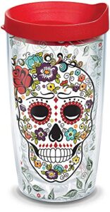 tervis made in usa double walled fiesta insulated tumbler cup keeps drinks cold & hot, 16oz, skull and flowers