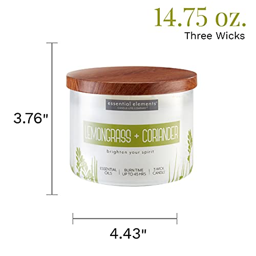 Essential Elements by Candle-lite Scented Candles, Lemongrass & Coriander Fragrance, One 14.75 oz. Three-Wick Aromatherapy Candle with 45 Hours of Burn Time, Off-White Color