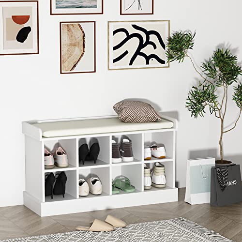 love furniture Shoe Bench, Shoe Storage Bench with 8 Compartments and Cushion, Shoe Cabinets for Entrance Porches, Front Doors, Living Rooms, Bedrooms, Garages, Closets (38inch, White)