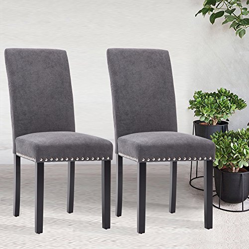 NOBPEINT Dining Chair Upholstered Fabric Dining Chairs with Copper Nails,Set of 2,Grey