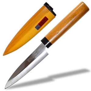 seki japan professional fruit knife, small peeling knife, point ended, 3.7-inch stainless steel blade with wooden handle and point ended sheath, for kitchen and outdoor