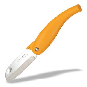 seki japan folding fruit knife, small peeling knife, 3.3-inch stainless steel blade with orange plactic handle, for kitchen and outdoor