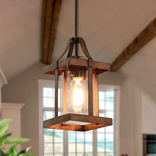 LNC Faux-Wood Pendant Lighting, Farmhouse Hanging Fixture with Glass Shades for Kitchen Island, Bedroom, Dining Room, Hallway and Foyer