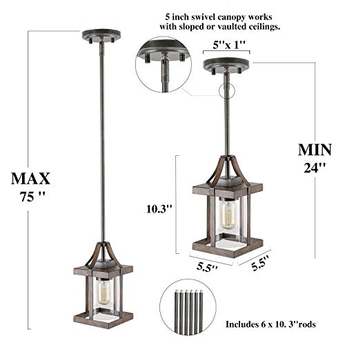 LNC Faux-Wood Pendant Lighting, Farmhouse Hanging Fixture with Glass Shades for Kitchen Island, Bedroom, Dining Room, Hallway and Foyer