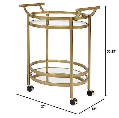 Studio Designs Home Palazzo Modern 2-Tier Oval Metal Rolling Bar, Serving, Utility Mobile Cart with Handles and Spill Guard in Gold/Clear Glass and Mirror, 27" W x 17.5" D x 33.25" H,