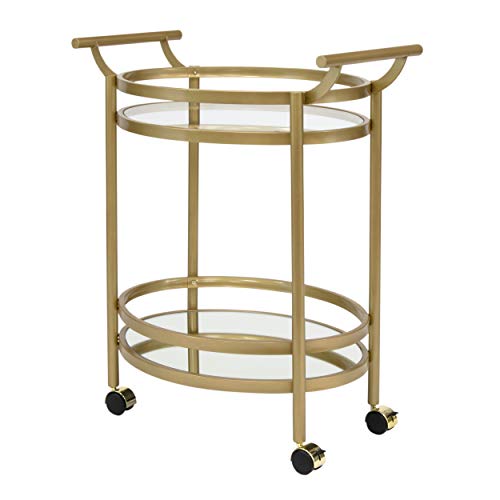 Studio Designs Home Palazzo Modern 2-Tier Oval Metal Rolling Bar, Serving, Utility Mobile Cart with Handles and Spill Guard in Gold/Clear Glass and Mirror, 27" W x 17.5" D x 33.25" H,