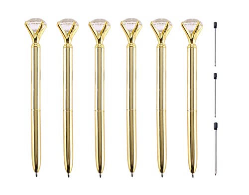 Onwon 6 Pieces Big Crystal Diamond Pens Gold Metal Ballpoint Pens & 3 Pieces Ballpoint Pen Refills in Black Ink