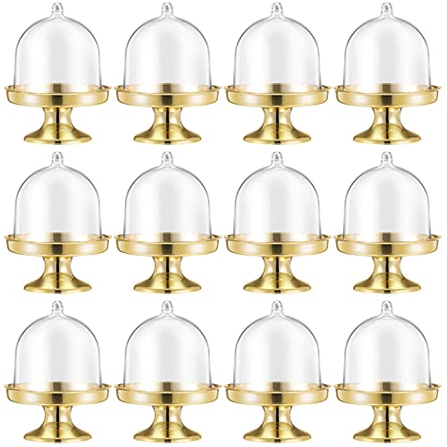 Healeved 12pcs Mini Cake Stand Chocolate Cupcake Candy Display Plate with Lid for Birthday Wedding Party Supplies - 8 x 6 x 6cm (Golden Base)