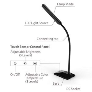 Byyoulike LED Desk Lamp Flexible Gooseneck Table Lamp with Touch Control 5 Brightness Levels Adjustable Night Light Eye-Caring Dimmable Table Light(Black)