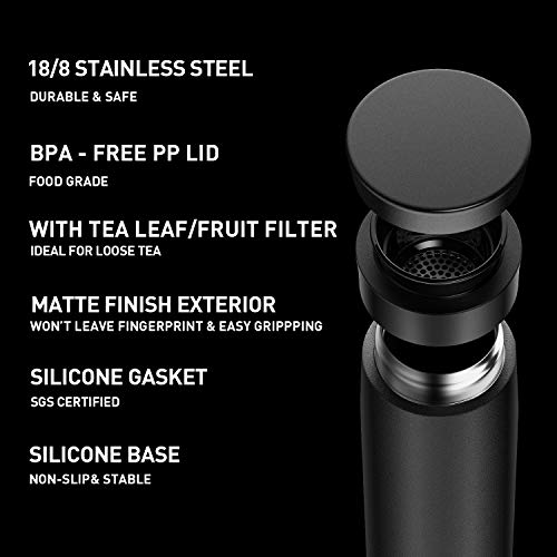 LEIDFOR Tea Thermos with Infuser for Loose Leaf Tea - Vacuum Insulated Tea Infuser Tumbler - Tea Bottle with Leak Proof Screw Lid Portable 17oz Black