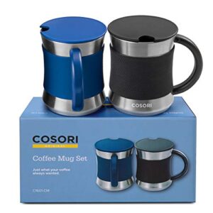 cosori coffee mug with lids set of 2, stainless steel cups with heat-resistant handle & slip-resistant sleeve, 17 oz, best match w/mug warmer, for coffee,tea,water,cocoa, milk, c1601-cm, black & blue