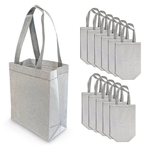 Silver Gift Bags - 12 Pack Small Silver Reusable Gift Bag Tote with Handles, Glitter Metallic Bling Shimmer, Eco Friendly for Kids Birthdays, Bridesmaids, Party Favors, Grocery Shopping - 6x3x8