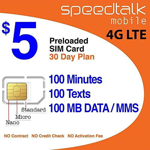 SpeedTalk Mobile $5 Prepaid Wireless Pay Go Plan for Smartphones & Cellphones | 5G 4G LTE | 100 Talk, 100 Text, 100 MB Data |Triple Cut (Mini,Micro,Nano) Sim Card | No Contract | 30 Day Service