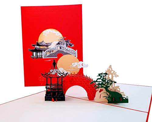 iGifts And Cards Inspirational Asian Pavilion Scenery 3D Pop Up Greeting Card Full Moon, Romantic Bridge, Lanterns, Pine Tree, Half-Fold, All Occasion, Birthday, Mid-Autumn Festival, Chinese New Year