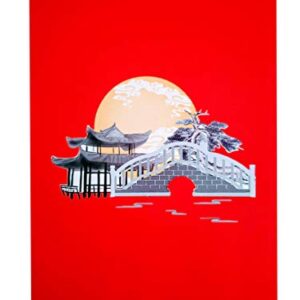 iGifts And Cards Inspirational Asian Pavilion Scenery 3D Pop Up Greeting Card Full Moon, Romantic Bridge, Lanterns, Pine Tree, Half-Fold, All Occasion, Birthday, Mid-Autumn Festival, Chinese New Year