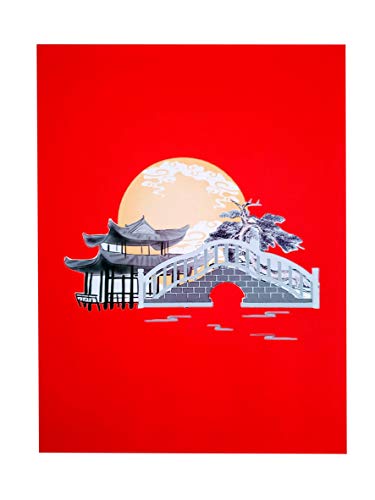 iGifts And Cards Inspirational Asian Pavilion Scenery 3D Pop Up Greeting Card Full Moon, Romantic Bridge, Lanterns, Pine Tree, Half-Fold, All Occasion, Birthday, Mid-Autumn Festival, Chinese New Year