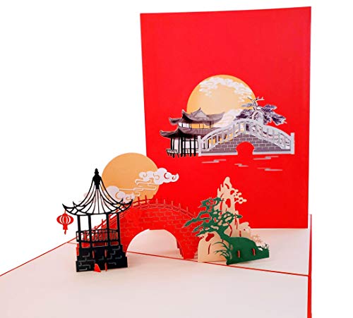 iGifts And Cards Inspirational Asian Pavilion Scenery 3D Pop Up Greeting Card Full Moon, Romantic Bridge, Lanterns, Pine Tree, Half-Fold, All Occasion, Birthday, Mid-Autumn Festival, Chinese New Year