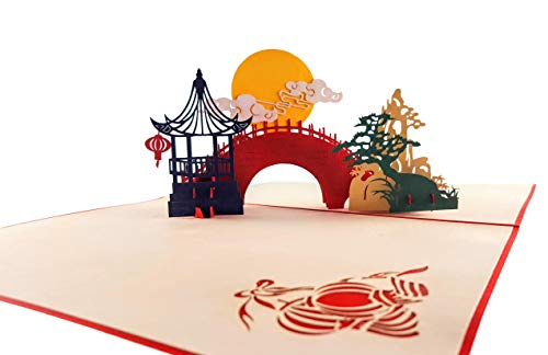 iGifts And Cards Inspirational Asian Pavilion Scenery 3D Pop Up Greeting Card Full Moon, Romantic Bridge, Lanterns, Pine Tree, Half-Fold, All Occasion, Birthday, Mid-Autumn Festival, Chinese New Year