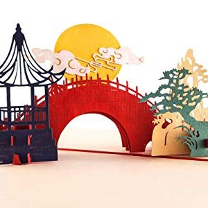 iGifts And Cards Inspirational Asian Pavilion Scenery 3D Pop Up Greeting Card Full Moon, Romantic Bridge, Lanterns, Pine Tree, Half-Fold, All Occasion, Birthday, Mid-Autumn Festival, Chinese New Year