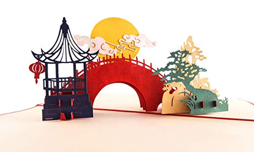 iGifts And Cards Inspirational Asian Pavilion Scenery 3D Pop Up Greeting Card Full Moon, Romantic Bridge, Lanterns, Pine Tree, Half-Fold, All Occasion, Birthday, Mid-Autumn Festival, Chinese New Year