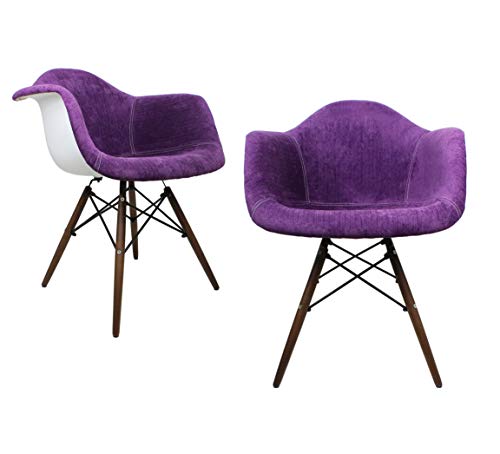 CozyBlock Mid-Century Modern Velvet Fabric Upholstered Accent Arm Chair with Dark Walnut Wood Eiffel Legs Set of 2 (Purple)