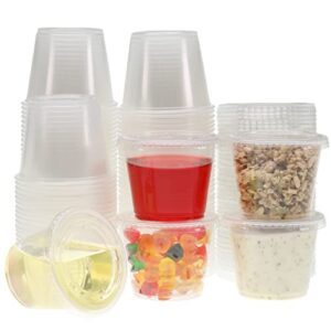 freshware plastic portion cups with lids [5.5 ounce, 100 sets] souffle cups, jello shot cups, condiment sauce containers for sampling, sauce, snack or dressing