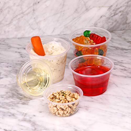 Freshware Plastic Portion Cups with Lids [5.5 Ounce, 100 Sets] Souffle Cups, Jello Shot Cups, Condiment Sauce Containers For Sampling, Sauce, Snack or Dressing