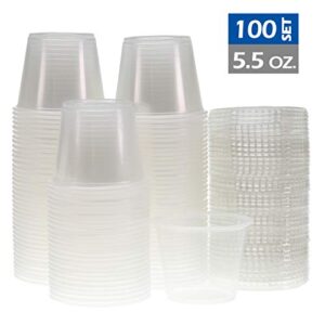 Freshware Plastic Portion Cups with Lids [5.5 Ounce, 100 Sets] Souffle Cups, Jello Shot Cups, Condiment Sauce Containers For Sampling, Sauce, Snack or Dressing