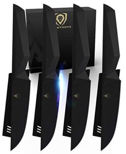 dalstrong steak knife set - 4-piece - 5" blade - shadow black series - black titanium nitride coated - high carbon - 7cr17mov-x vacuum treated steel- sheath - nsf certified