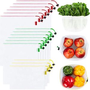 ecowaare set of 15 reusable mesh produce bags - eco-friendly - washable and see-through - with colorful tare weight tags - 3 sizes