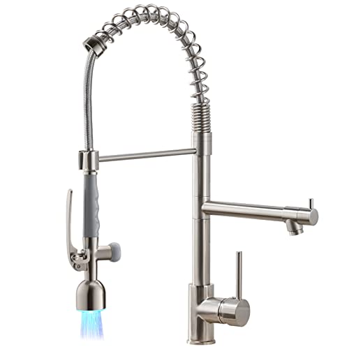 Fapully Commercial Single Handle Pull Down Sprayer Brushed Nickel Kitchen Faucet, Kitchen Sink Faucet with LED Light