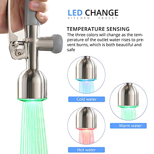 Fapully Commercial Single Handle Pull Down Sprayer Brushed Nickel Kitchen Faucet, Kitchen Sink Faucet with LED Light