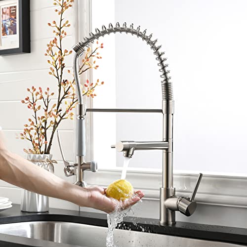 Fapully Commercial Single Handle Pull Down Sprayer Brushed Nickel Kitchen Faucet, Kitchen Sink Faucet with LED Light