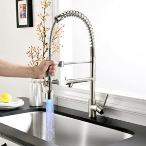 Fapully Commercial Single Handle Pull Down Sprayer Brushed Nickel Kitchen Faucet, Kitchen Sink Faucet with LED Light