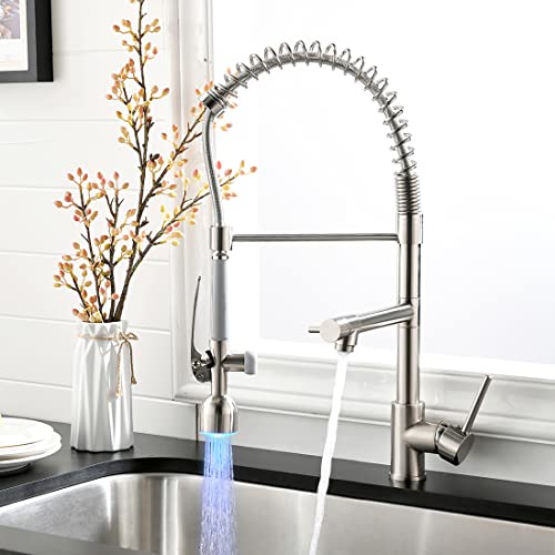 Fapully Commercial Single Handle Pull Down Sprayer Brushed Nickel Kitchen Faucet, Kitchen Sink Faucet with LED Light