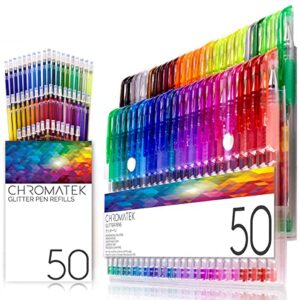 chromatek glitter pens 100 set best colors. 200% the ink: 50 gel pens, 50 refills. super glittery ultra vivid colors. no repeats. professional art pens. new & improved.