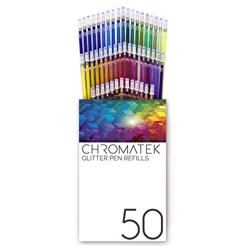 Chromatek Glitter Pens 100 Set Best Colors. 200% The Ink: 50 Gel Pens, 50 Refills. Super Glittery Ultra Vivid Colors. No Repeats. Professional Art Pens. New & Improved.