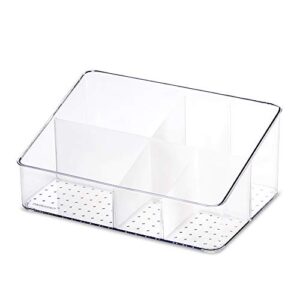 madesmart 6-compartment angle storage bin for bathroom organization, plastic bathroom storage bin with open top design, frost