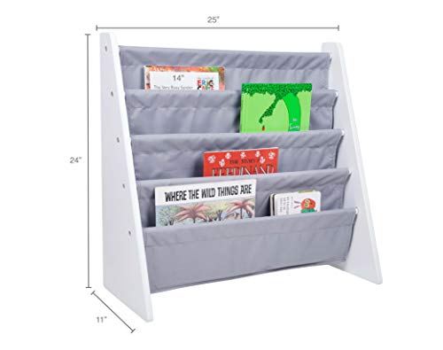 Wildkin Kids Canvas Sling Bookshelf for Boys and Girls, Wooden Design Features Four Fabric Shelves, Keep Bedrooms, Playrooms, and Classrooms Organized, Measures 25 x 24 x 11 Inches (White w/Gray)