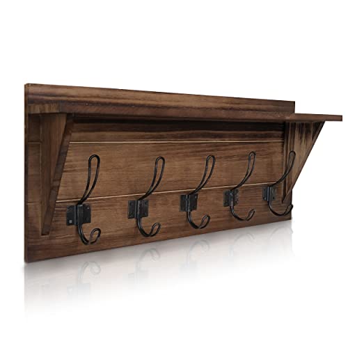 HBCY Creations Rustic Wall Mounted Coat Rack with Shelf - Solid Wood 24" Entryway Shelf with 5 Coat Hangers. Perfect Touch for Your Entryway, Mudroom, Kitchen, Bathroom and More, Rustic Brown