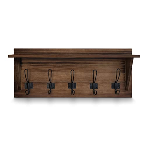 HBCY Creations Rustic Wall Mounted Coat Rack with Shelf - Solid Wood 24" Entryway Shelf with 5 Coat Hangers. Perfect Touch for Your Entryway, Mudroom, Kitchen, Bathroom and More, Rustic Brown