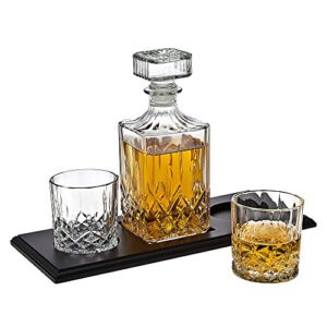 Whiskey Decanter and Glasses Barware Set, for Liquor Scotch Bourbon Wine or Vodka - Includes 2 Whisky Glasses on Wooden Display Tray Clear