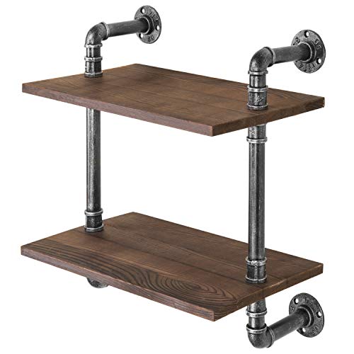 MyGift Industrial Pipe Shelf, 17-Inch Black Metal Pipe & Rustic Brown Wood 2-Tier Wall Mounted Steampunk Shelving Unit