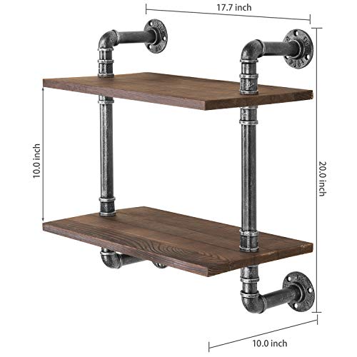 MyGift Industrial Pipe Shelf, 17-Inch Black Metal Pipe & Rustic Brown Wood 2-Tier Wall Mounted Steampunk Shelving Unit