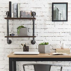 MyGift Industrial Pipe Shelf, 17-Inch Black Metal Pipe & Rustic Brown Wood 2-Tier Wall Mounted Steampunk Shelving Unit