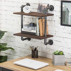 MyGift Industrial Pipe Shelf, 17-Inch Black Metal Pipe & Rustic Brown Wood 2-Tier Wall Mounted Steampunk Shelving Unit