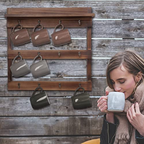 Rustic Mug Rack Wall Mounted With Shelf - 12 Coffee Cup Hangers - Built In Shelf for Coffee, Sugar & More! Wooden Coffee Mug Display And Organizer - Distressed Coffee Rack (Rustic Brown)